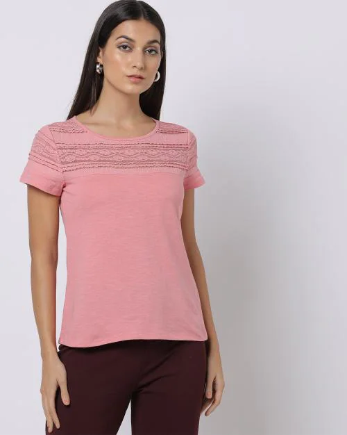 Buy Crew-Neck T-Shirt with Lace Inserts Online at Best Prices in India ...