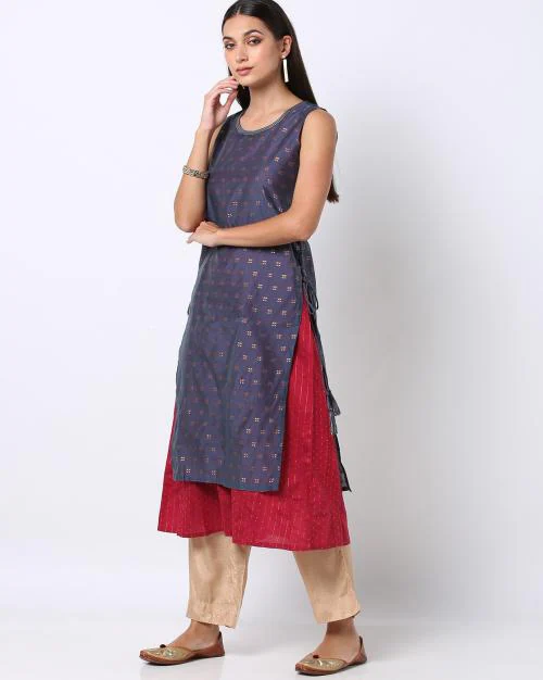 Buy Floral Print Layered A-Line Kurta with Side Tie-Ups Online at Best ...