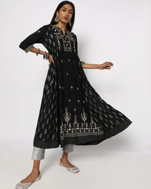 Buy Floral Embroidered Flared Kurta Online at Best Prices in India ...