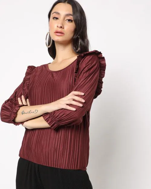 Buy Pleated Round-Neck Top with Ruffles Online at Best Prices in India ...