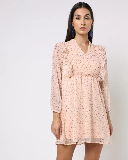 Buy Micro Print A-line Dress with Cuffed Sleeves Online at Best Prices ...