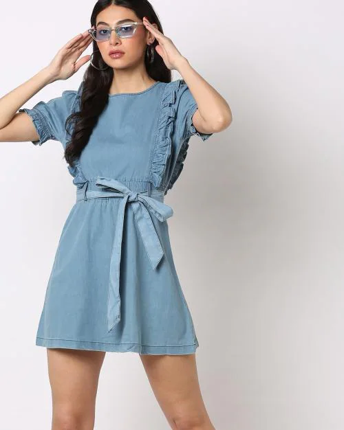 Buy Denim A-Line with Ruffled Overlay Online at Best Prices in India ...