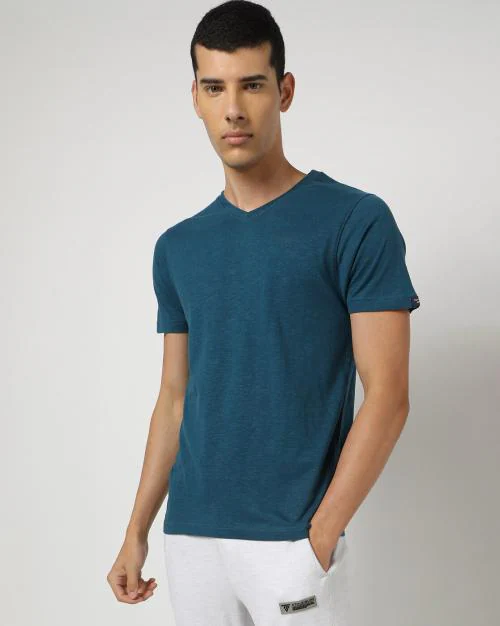 Buy Regular Fit Core Slub V-neck T-Shirt with Brand Print Online at ...