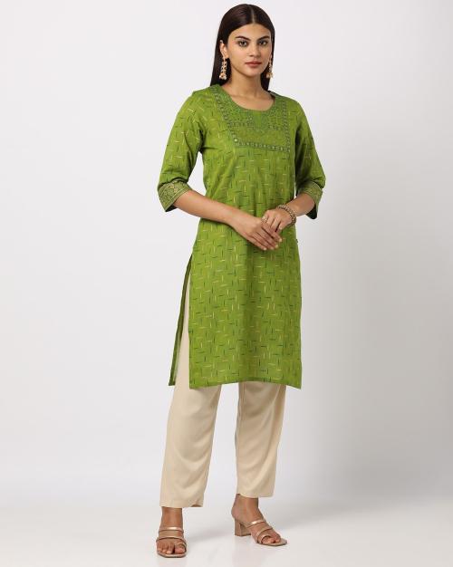 Buy Printed Straight Kurta with Embroidered Yoke Online at Best Prices ...