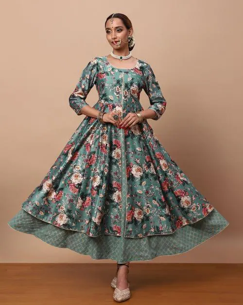 Buy Floral Print Round-Neck Flared Kurta Online at Best Prices in India ...