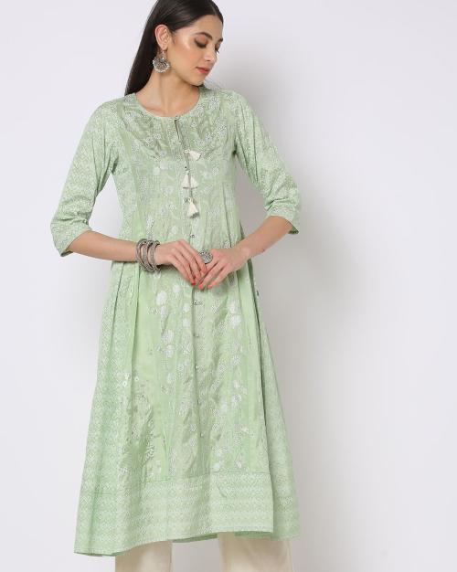 Buy Shantung Foil Printed A-Line Kurta with Neck Tie-Up Online at Best ...