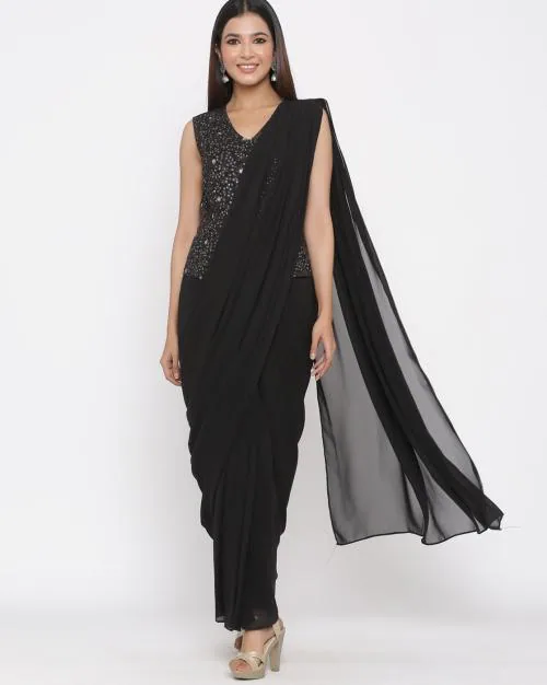 Buy Embellished V-neck Saree-Style Dress Online at Best Prices in India ...