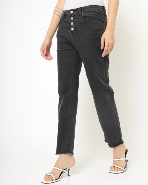 Buy Women Straight Jeans with Frayed Hemline Online at Best Prices in ...