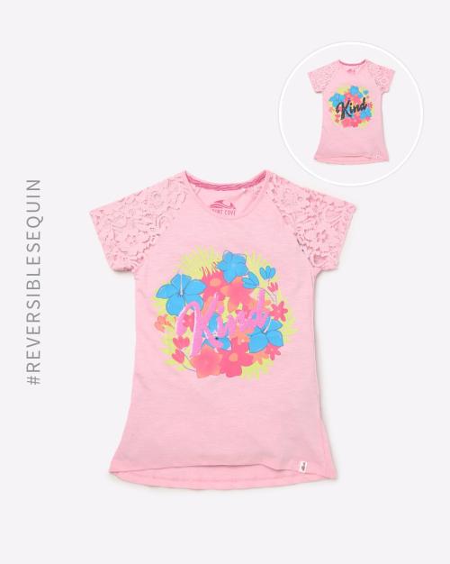 Buy Flippy Sequin-Embellished Top with Floral Lace Sleeves Online at ...