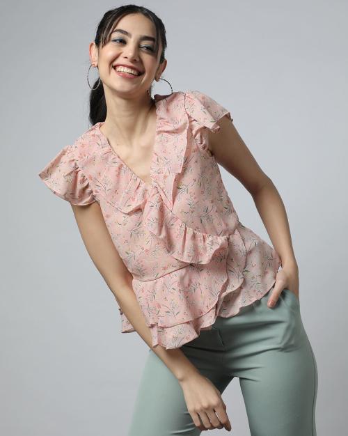 Buy Women Floral Print Wrap Top with Ruffles Online at Best Prices in ...