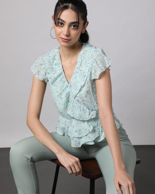 Buy Women Floral Print Wrap Top with Ruffles Online at Best Prices in ...