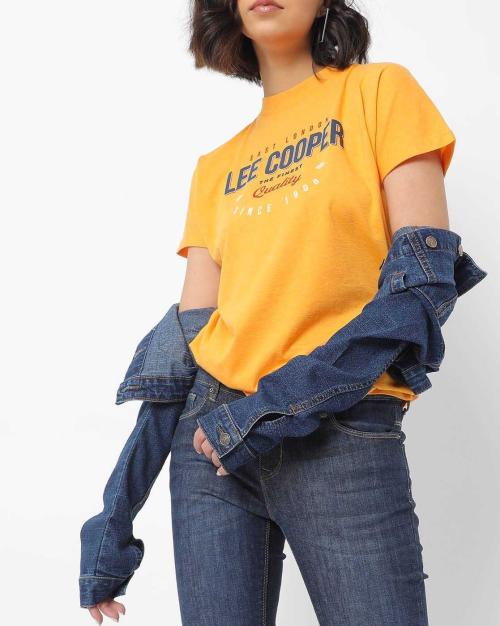 Buy Brand Print Crew-Neck T-shirt with Extended Sleeves Online at Best ...