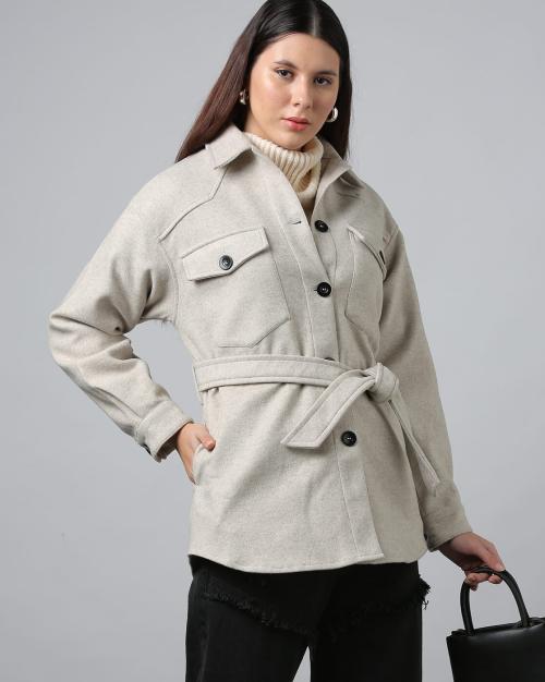 Buy Women Belted Trench Coat with Flap Pockets Online at Best Prices in ...