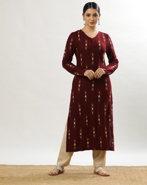 Buy Women Ikat Print Straight Kurta Online at Best Prices in India ...