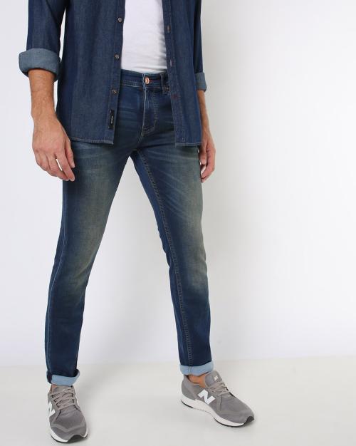 Washed Slim Fit Jeans with Whiskers - JioMart