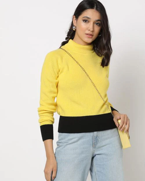 Buy Ribbed High-Neck Pullover with Contrast Hems Online at Best Prices ...