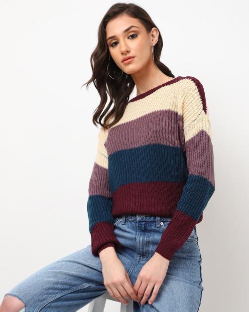 Buy Colourblock Ribbed Round-Neck Pullover Online at Best Prices in ...
