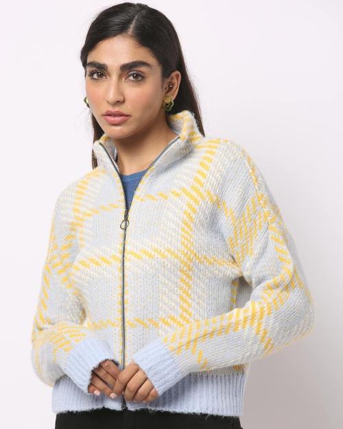 Buy Yoko Checked Zip-Front Cardigan Online at Best Prices in India ...