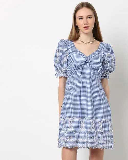 Buy Checked A-Line Dress with Puff Sleeves Online at Best Prices in ...