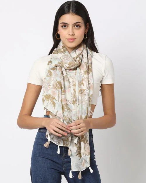 Buy Women Floral Print Stole with Tassels Online at Best Prices in ...