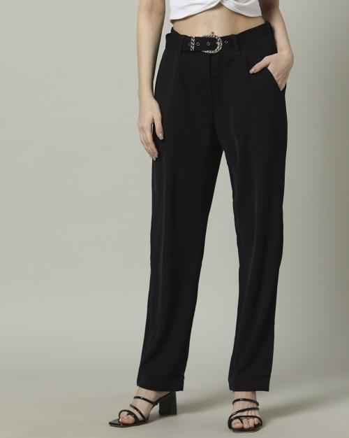 Buy Women Tapered Fit Flat-Front Trousers Online at Best Prices in ...