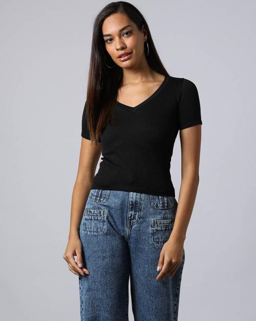 Buy Women Ribbed V-Neck Top Online at Best Prices in India - JioMart.