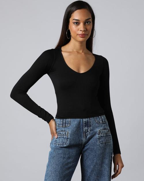Buy Women Ribbed V-Neck Top Online at Best Prices in India - JioMart.