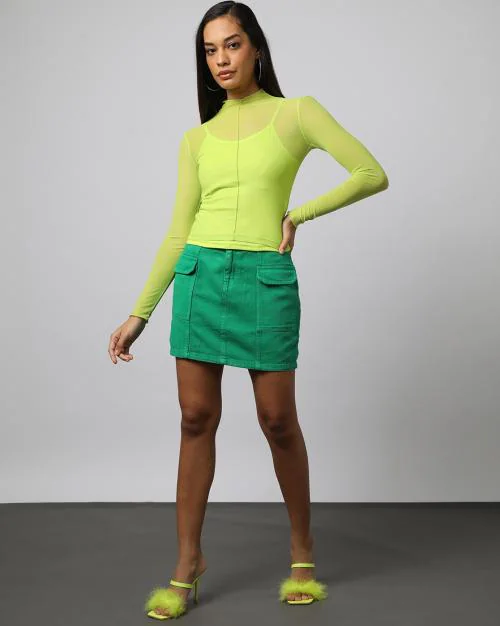 Buy High Neck Bodycon Mesh Top With Spaghetti Online at Best Prices in ...