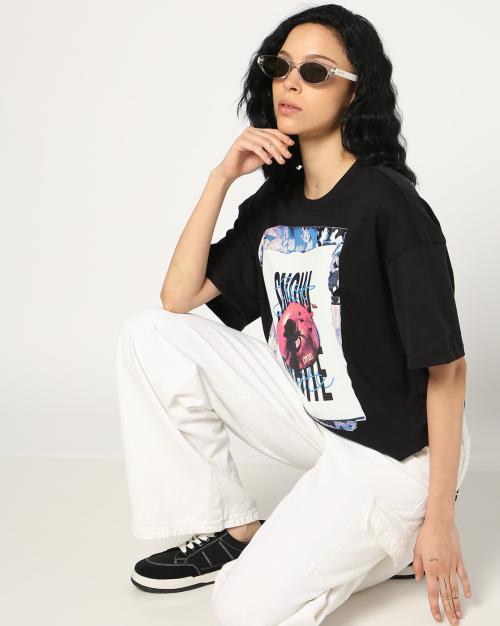 Buy Women Graphic Print Boxy Fit Crew-Neck T-Shirt Online at Best ...