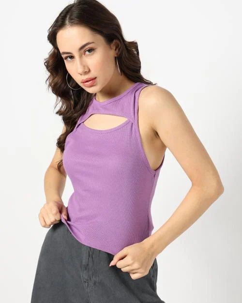 Buy Women Ribbed Regular Fit Top with Front Cut-Out Online at Best ...