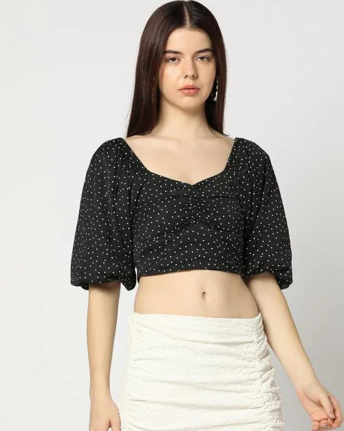 Buy Women Polka-Dot Print Fitted Ruched Crop Top Online at Best Prices ...