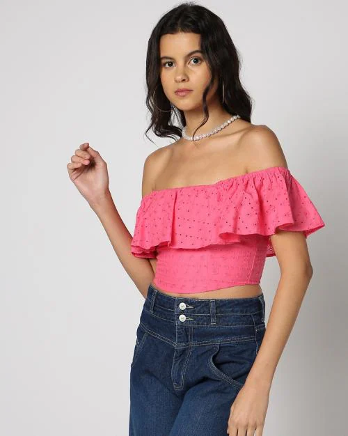Buy Women Schiffli Embroidered Regular Fit Off-Shoulder Crop Top Online ...