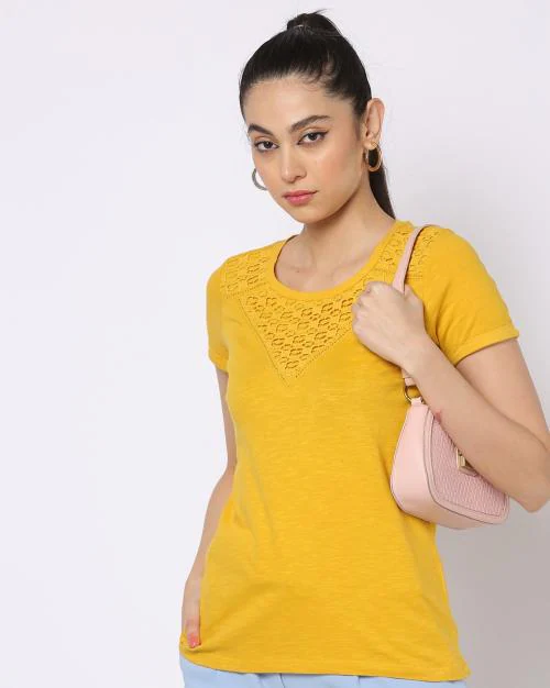 Buy Heathered Round-Neck T-Shirt with Lace Insert Online at Best Prices ...
