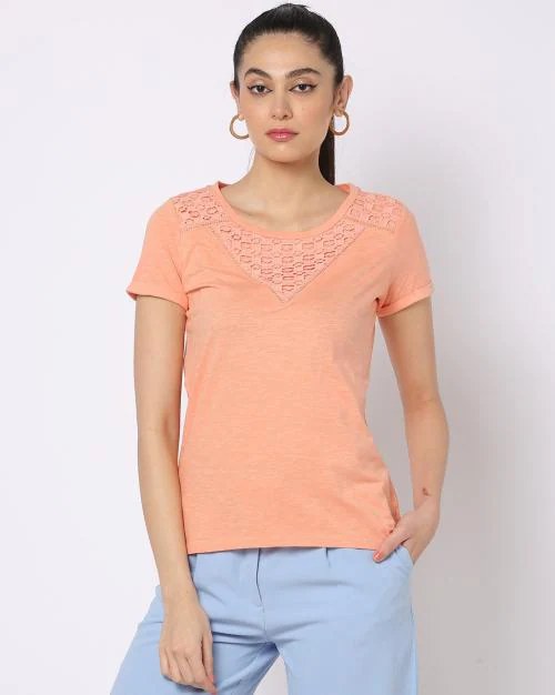 Buy Heathered Round-Neck T-Shirt with Lace Insert Online at Best Prices ...
