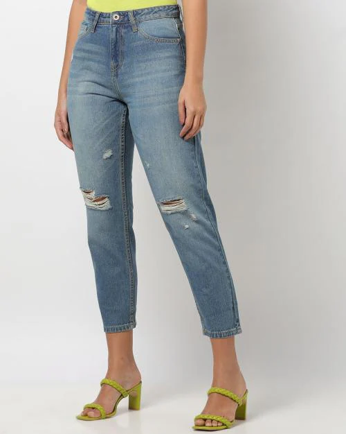 Buy Women Light-Wash High-Rise Distressed Mom Jeans Online at Best ...
