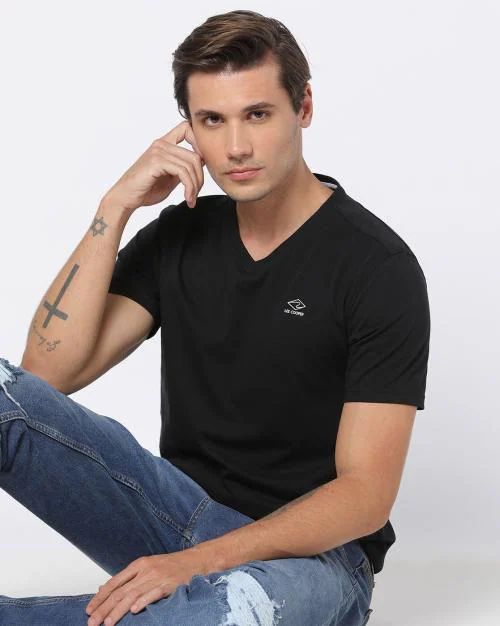 Buy Regular Fit Logo Print V-Neck T-Shirt Online at Best Prices in ...