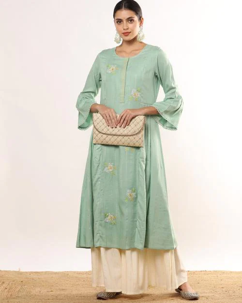 Buy Women Floral Embroidered Flared Kurta & Palazzo Set Online at Best ...