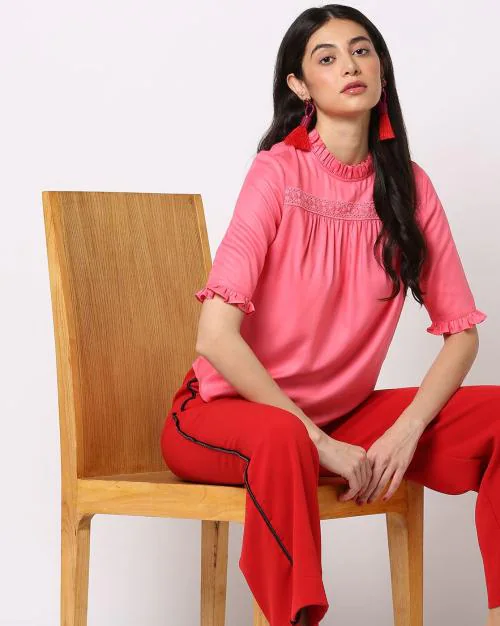 Buy Ruffled-Neck Top with Lace Trim Online at Best Prices in India ...