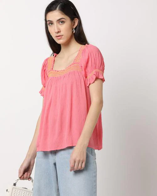 Buy Embroidered Dobby Top with Contrast Smocking Online at Best Prices ...