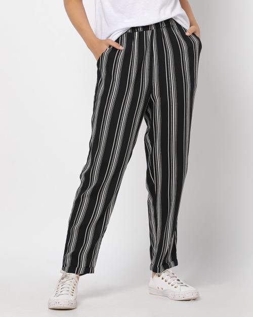 Buy Striped Flat-Front Trousers with Insert Pockets Online at Best ...