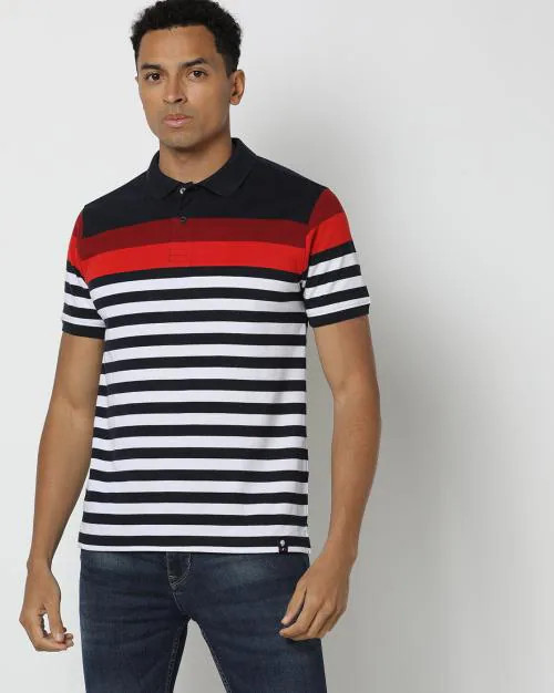Buy Regular Fit Striped Polo T-Shirt with Spread Collar Online at Best ...