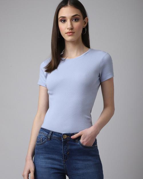 Buy Women Ribbed Crew-Neck T-Shirt Online at Best Prices in India ...
