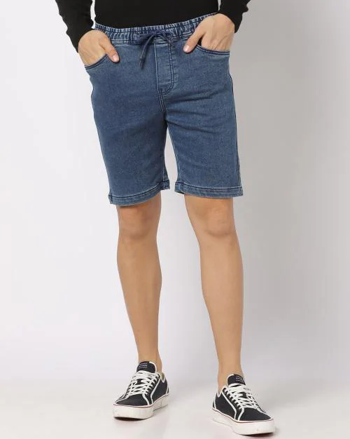 Buy Slim Fit Denim Shorts with Elasticated Drawstring Waist Online at Best Prices in India ...