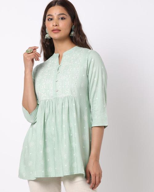 Buy Embroidered A-Line Tunic with Mandarin Collar Online at Best Prices ...