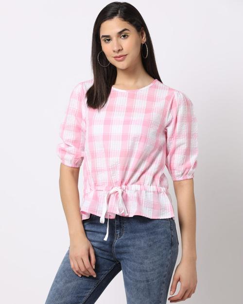 Buy Checked Seersucker Top with Puff Sleeves Online at Best Prices in ...