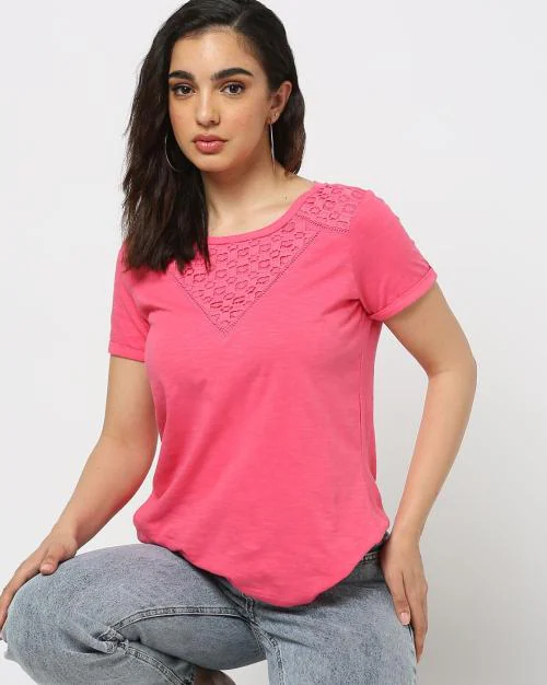 Buy Heathered Crew-Neck T-Shirt with Lace Panel Online at Best Prices ...
