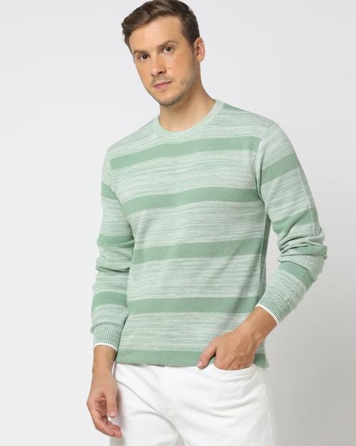 Buy Striped Flat Knit Crew-Neck Pullover Online at Best Prices in India ...