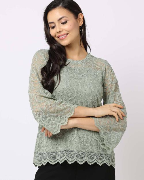 Buy Relaxed Fit Round-Neck Lace Top Online at Best Prices in India ...