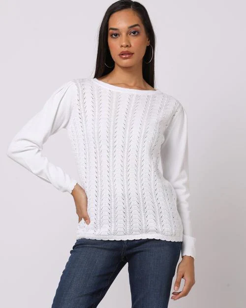 Buy Pointelle-Knit Boat-Neck Pullover Online at Best Prices in India ...