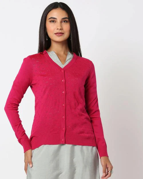 Buy Women Pointelle-Knit Regular Fit Cardigan Online at Best Prices in ...